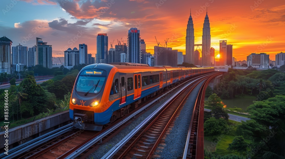 Elevated Train with City Skyline at Sunset. Elevated train traveling ...