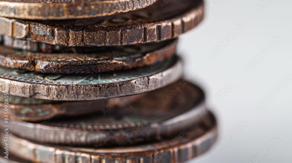 A close-up view of a stack of old, worn coins, showing detailed ...