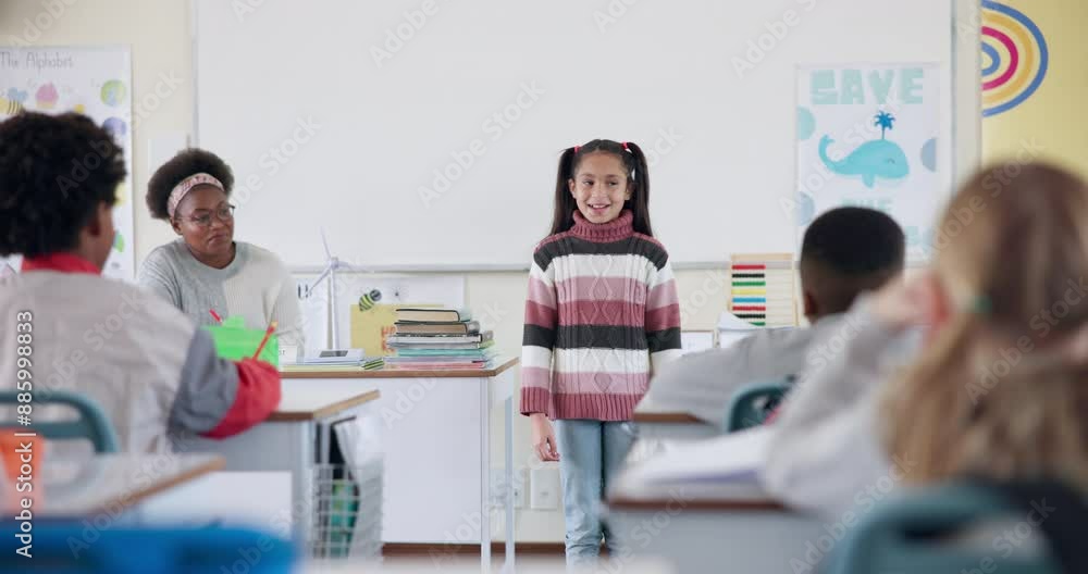 School, education and child talking in classroom for lesson, learning ...