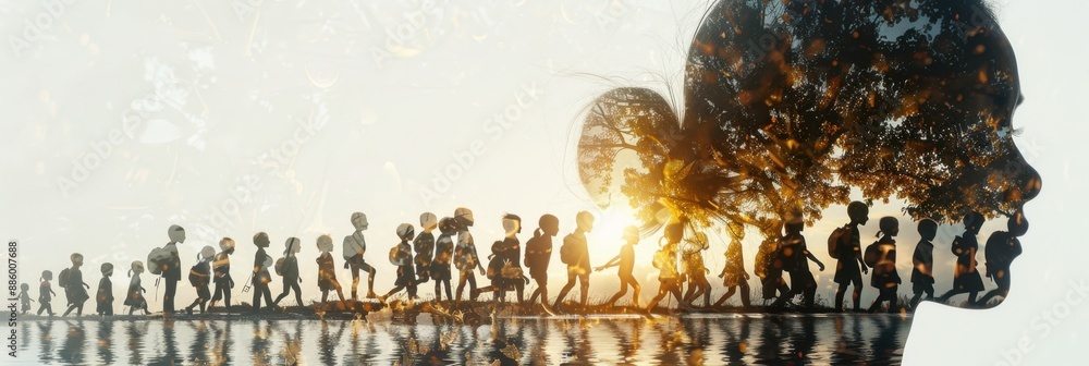 Silhouette of people walking inside human heads, symbolizing evolution ...