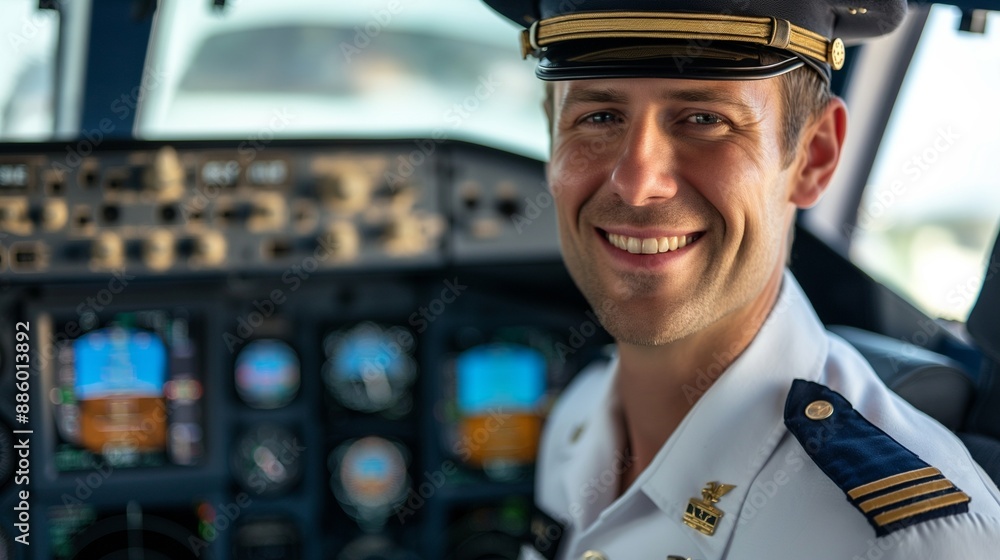 Professional Male Pilot in Cockpit Wearing Full Uniform and Smiling ...