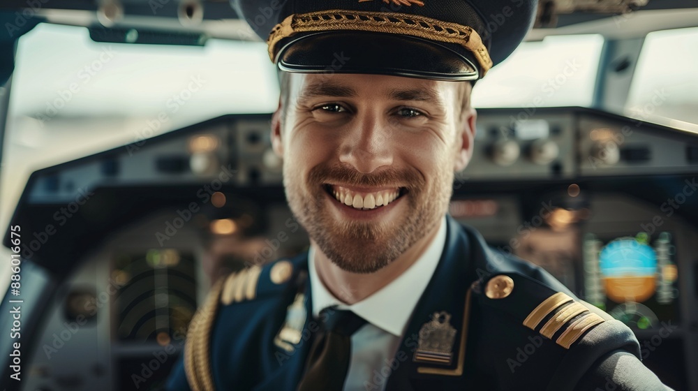 Proud Male Pilot in Full Uniform in Cockpit Reflecting Responsibility ...