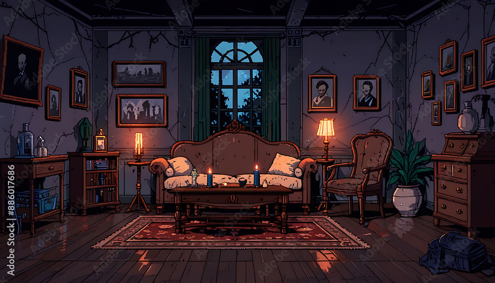 Illustration of a pixel art interior of a haunted mansion with cobweb ...