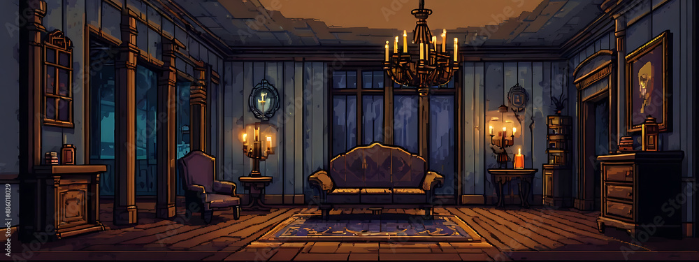 Illustration of a pixel art interior of a haunted mansion with cobweb ...