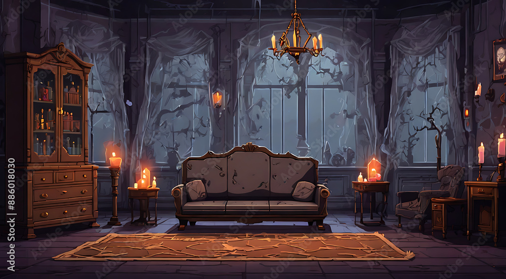Illustration of a pixel art interior of a haunted mansion with cobweb ...