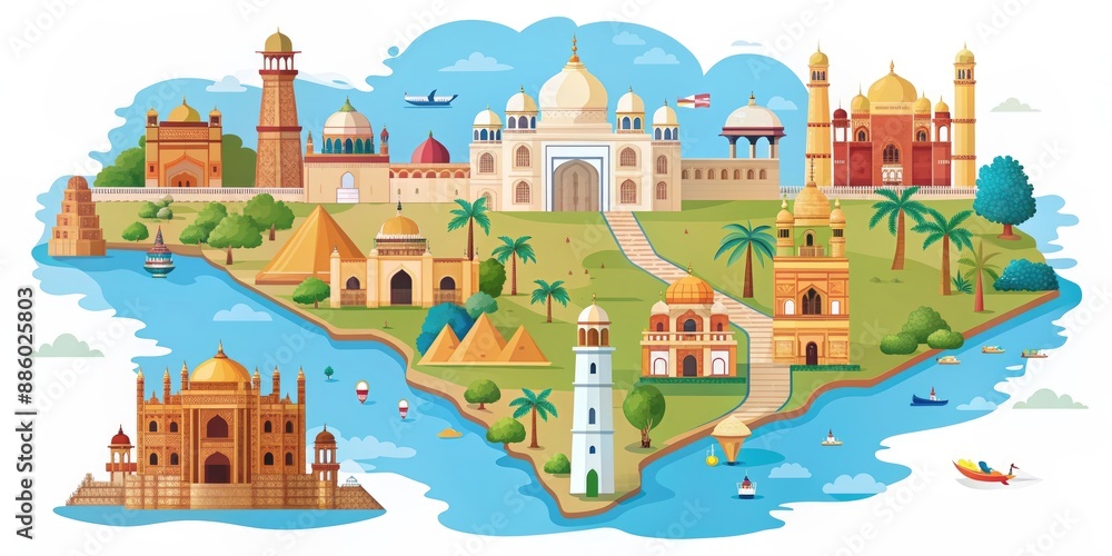 Illustrated map featuring iconic landmarks of India such as the Taj ...