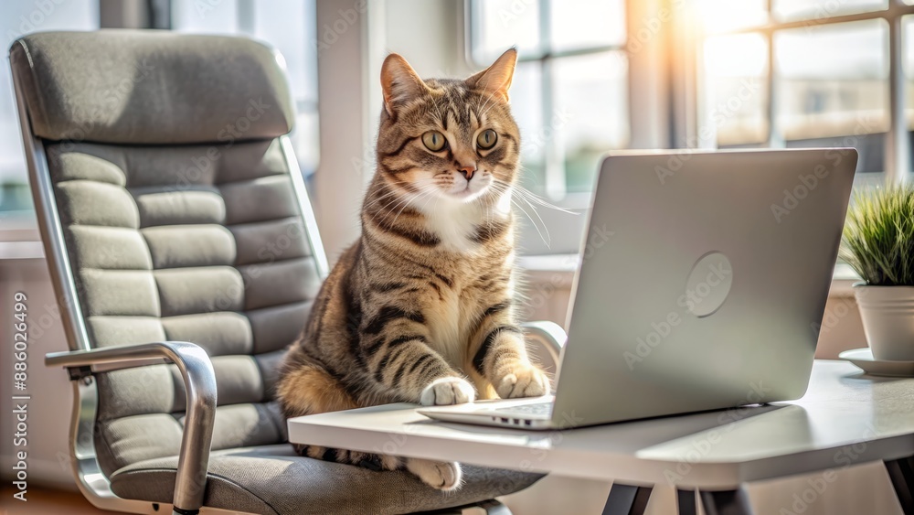 Adorable white-striped feline occupant commandeers modern workspace ...
