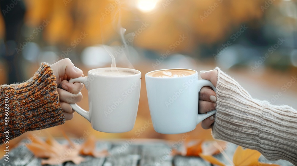 Two people sharing a warm drink at an outdoor cafe, crisp fall air and ...