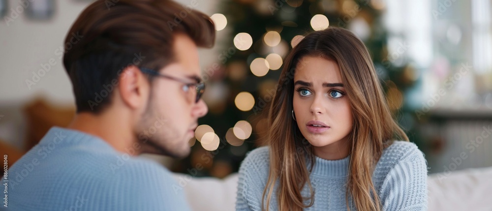 Two lovers arguing softly in a cozy living room, one person with ...