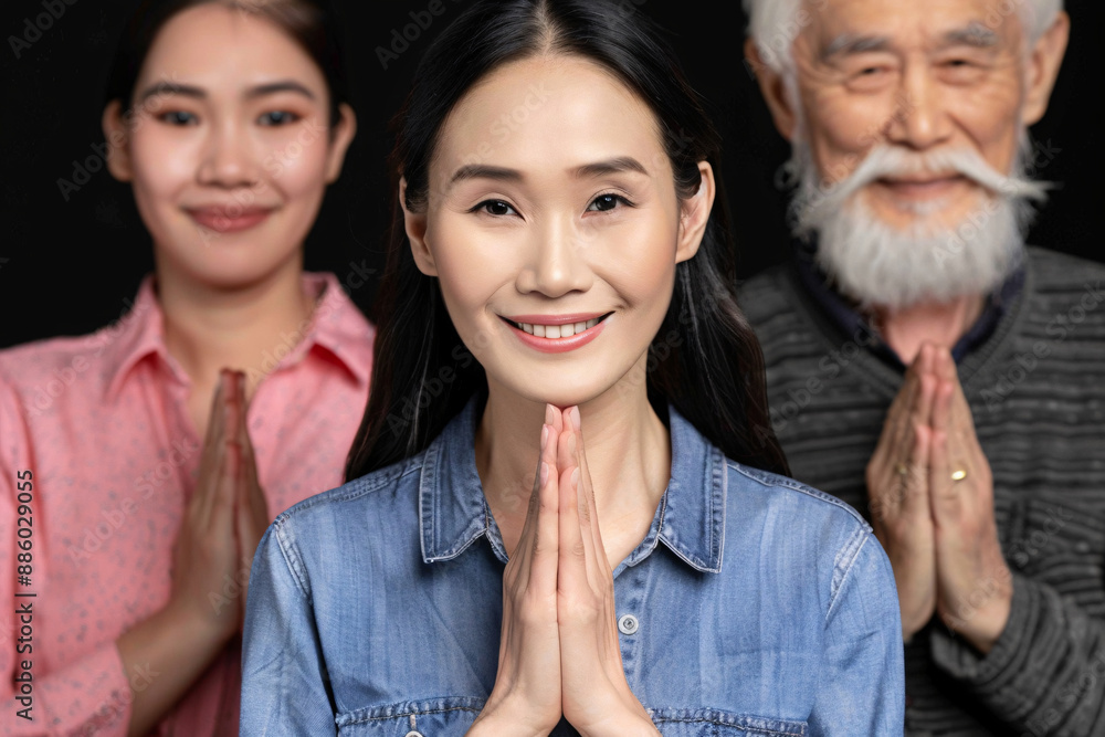 A portrait of three generations of an Asian family showing respect and ...