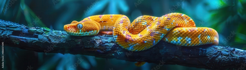 Exotic Snake A venomous snake coiled around a branch in the rainforest ...