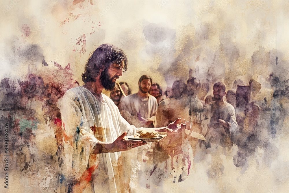 Biblical scene of Jesus feeding crowd with bread. People gather around ...