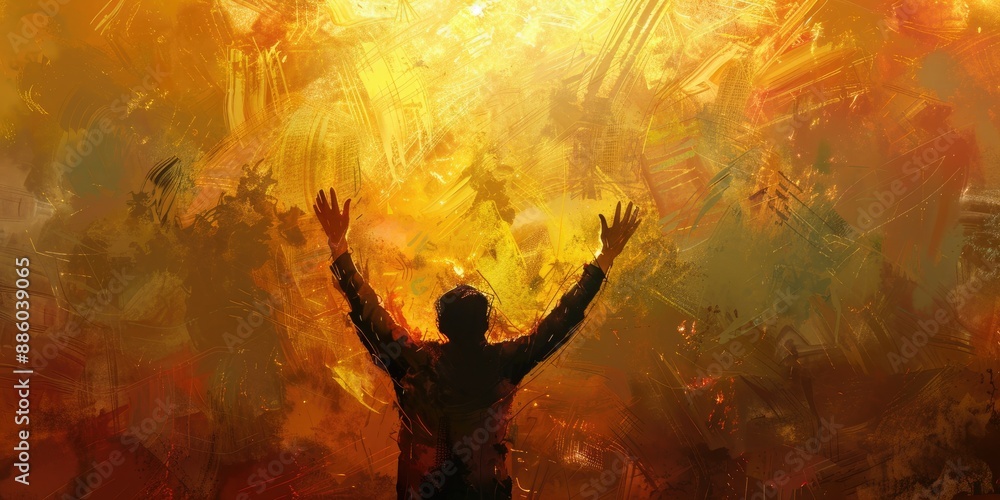 Watercolor artwork of spiritually uplifted man raising arms to worship ...