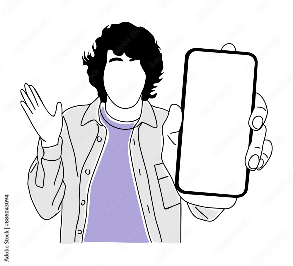 Young man holding giant smartphone, showing blank phone display. Online ...