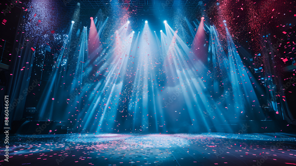 Prom event party celebration stage with spotlight and confetti falling ...