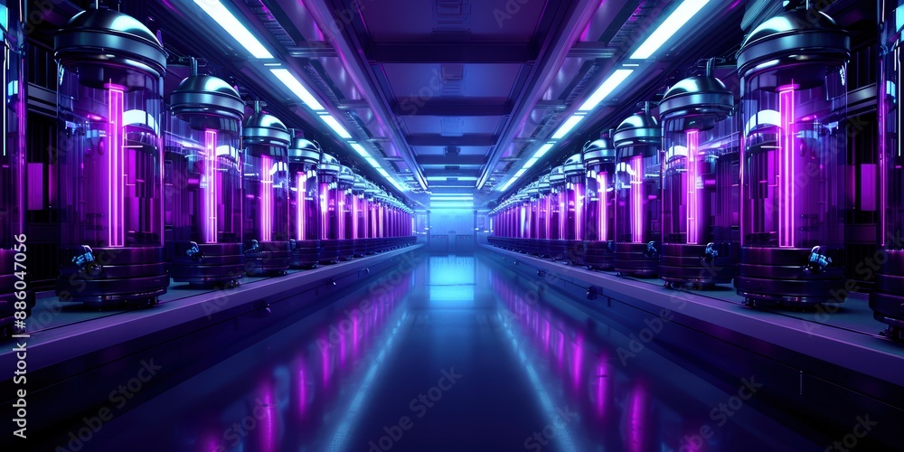 High-tech laboratory with rows of glowing experiment chambers, creating ...