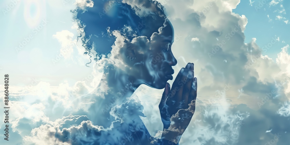 African American woman contemplative portrait with cloudy sky ...