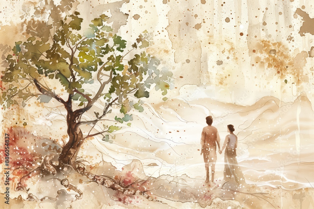 Serene landscape with two figures standing near tree. Adam and Eve, In ...