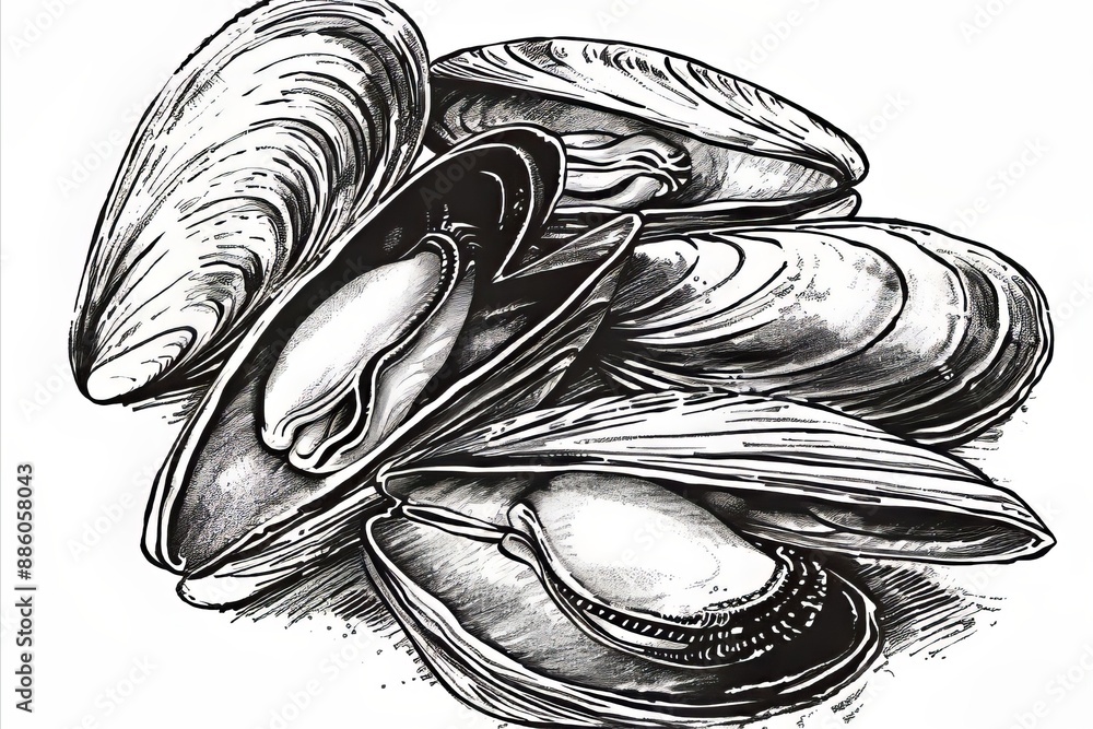 Black and white illustration of a cluster of opened and closed mussel ...