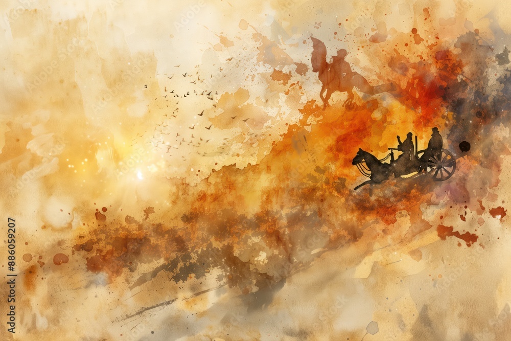 Black horse-drawn carriage travels through orange landscape with ...