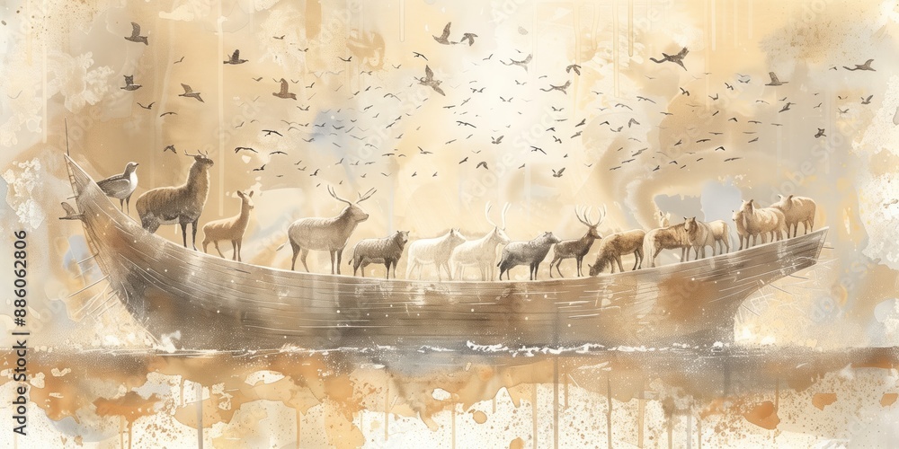 Biblical scene of Noah Ark with birds on boat, floating on water ...