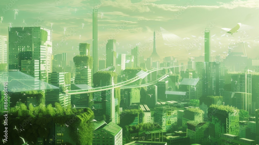 A surrealistic scene of a green energy utopia with futuristic cities ...
