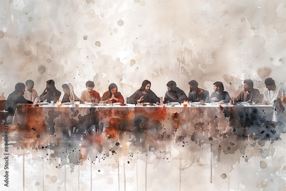 Group of people sit around rectangular table with white tablecloth and ...