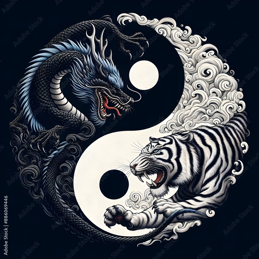AI Generate A Dragon and Tiger fighting in circle create a yin yang ...