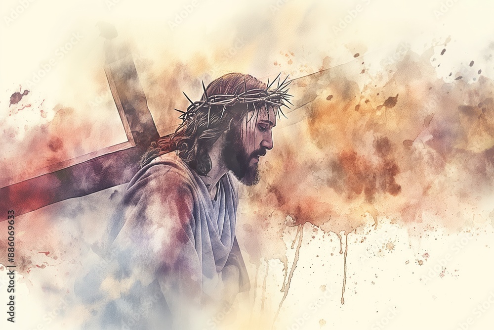 Jesus Christ carrying cross on orange blue gradient background with ...