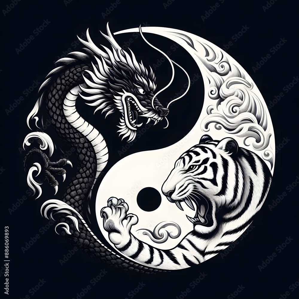 AI Generate A Dragon and Tiger fighting in circle create a yin yang ...