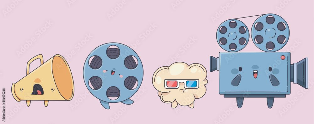 Happy funny movie cartoon characters. Comic kawaii vector illustration ...