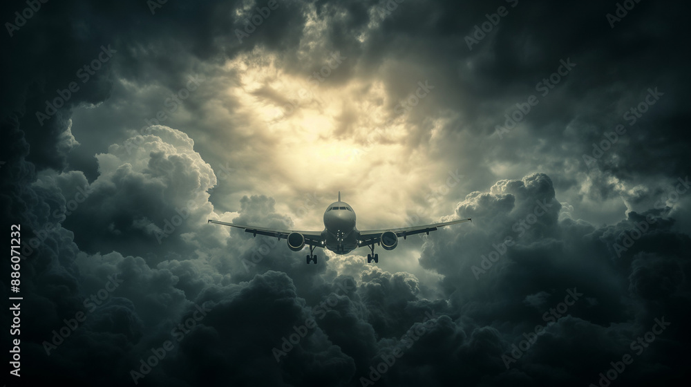 An airplane flying amidst a dramatic sky filled with dark, ominous ...