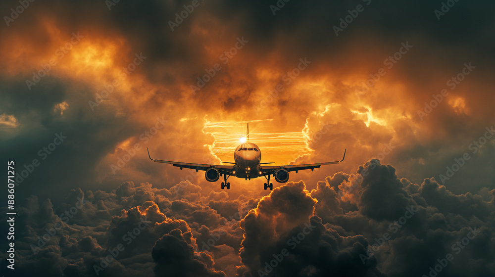 An airplane flying amidst a dramatic sky filled with dark, ominous ...