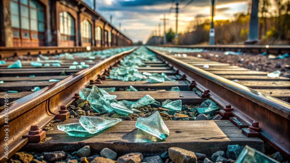 Broken glass shards scattered on weathered railroad tracks, remnants of ...