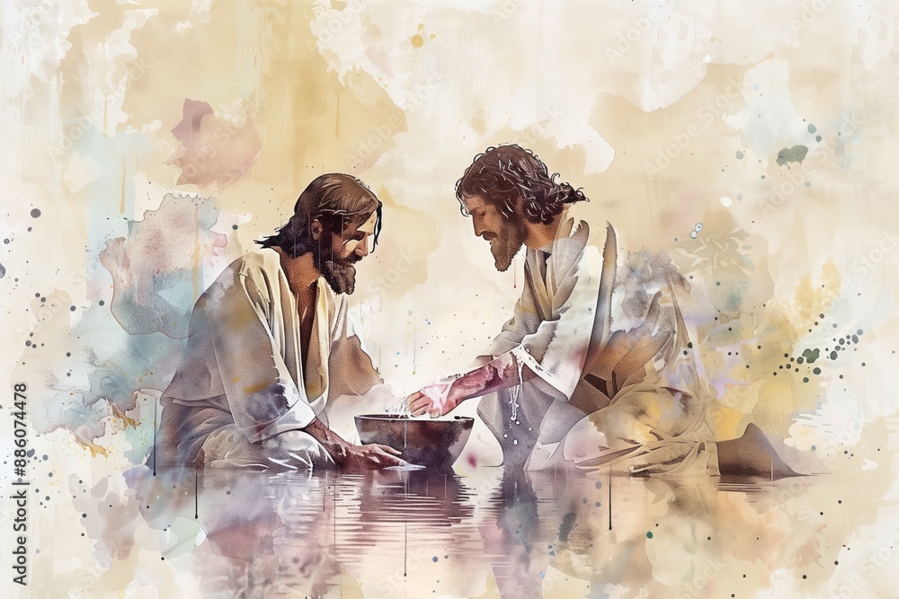 Jesus washing feet illustration on Maundy Holy Thursday. Two figures in ...