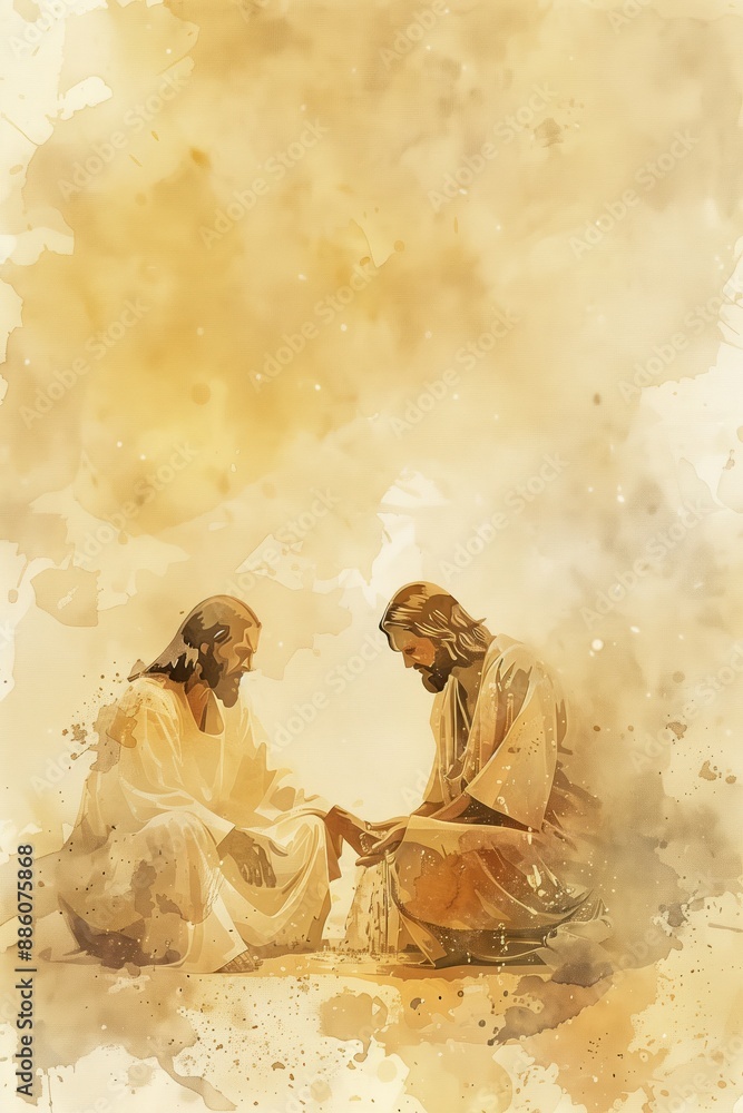 Jesus washing feet illustration on Maundy Holy Thursday. Two figures in ...