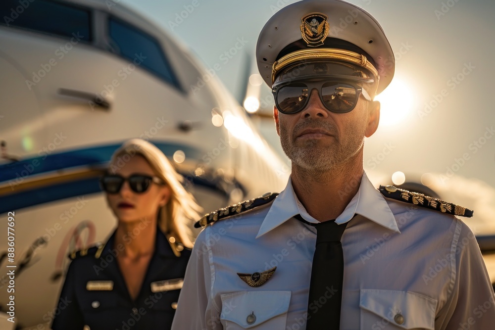 An airline captain and flight attendant make their way to the airplane ...