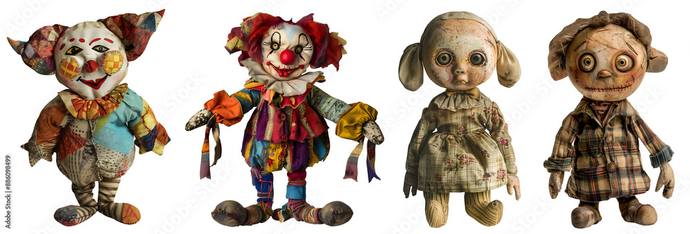 Set collection of scary patchwork funny rag clown and doll puppet on ...