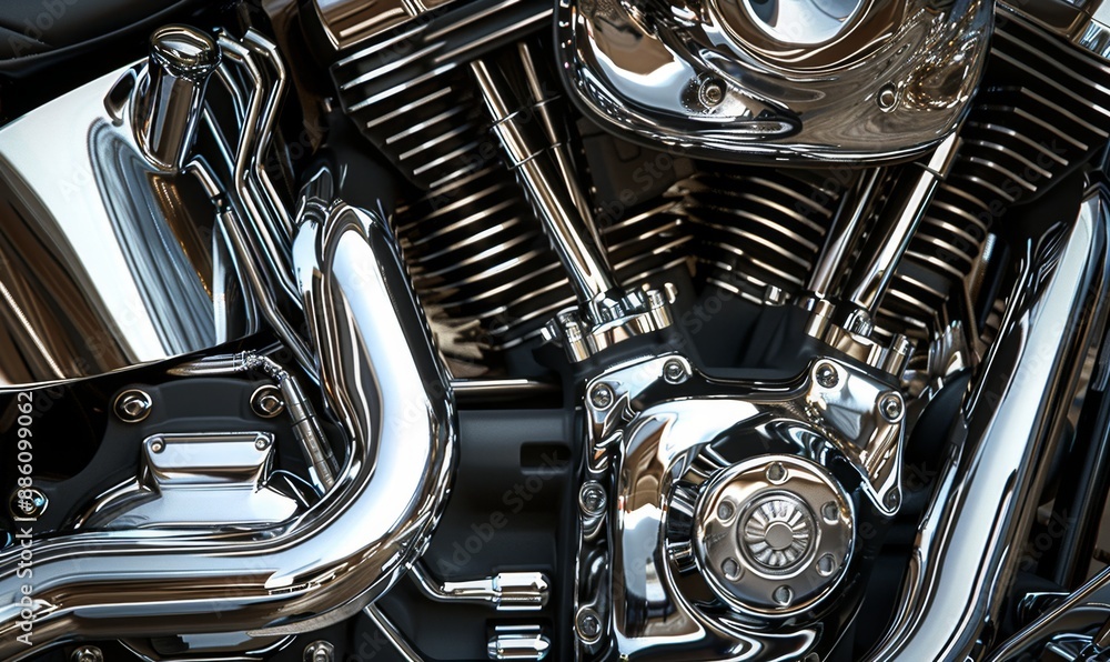 Shiny Chrome Motorcycle Engine Cylinder Close-Up: Detailed Industrial ...
