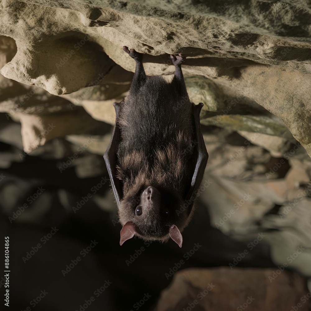 Close-up of a fruit bat hanging upside down in a cave, highlighting its ...