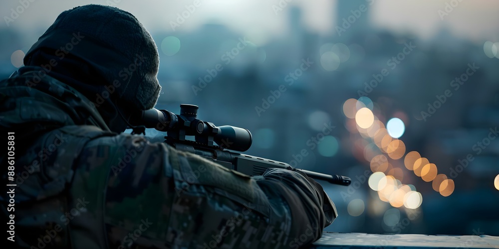 On a Rooftop at Night Sniper in War Conflict Holding Rifle. Concept ...
