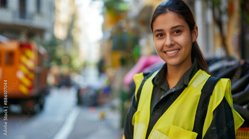 Beautiful female sanitation worker smiling warmly in work uniform ...