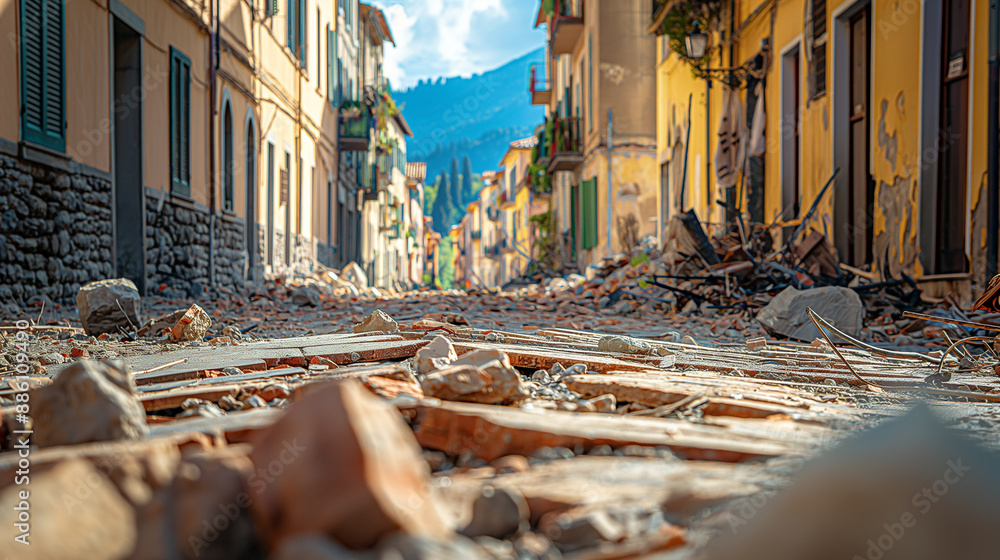 A cracked street with buildings leaning and debris scattered, showing ...