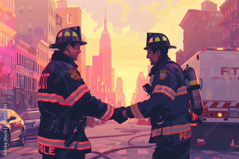 Firefighters in Urban Setting Shaking Hands Near Emergency Scene ...