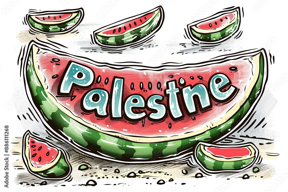 Cartoon illustration of a watermelon slice with the word "Palestine ...