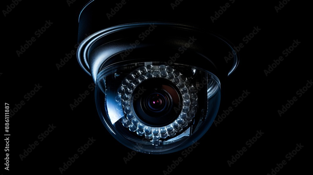 Modern dome type cctv camera on blue background for advanced digital ...