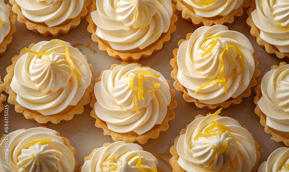 Top view of a tray filled with individual lemon tartlets, each ...