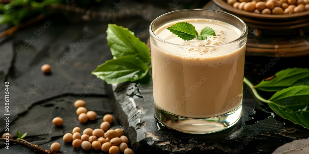 Soy Milk Poured into Glass with Soybeans, Pandan Leaf, and Table ...