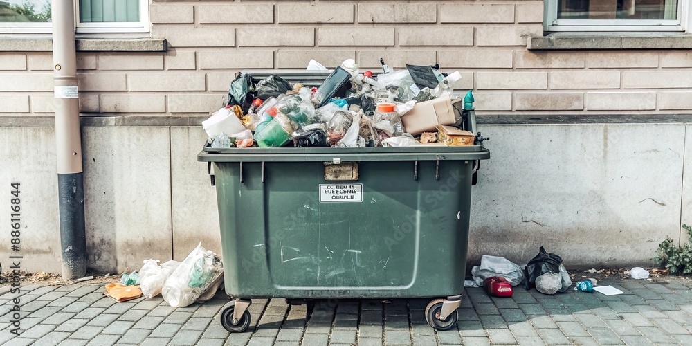 Recycle bin overflowing with assorted garbage, recycle, bin, garbage ...