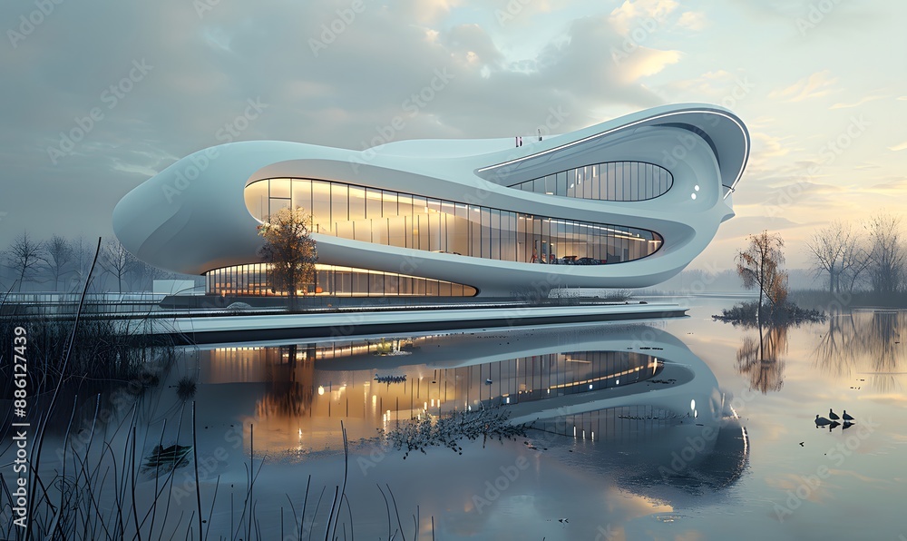 Architectural masterpiece of a sleek, futuristic new factory building ...
